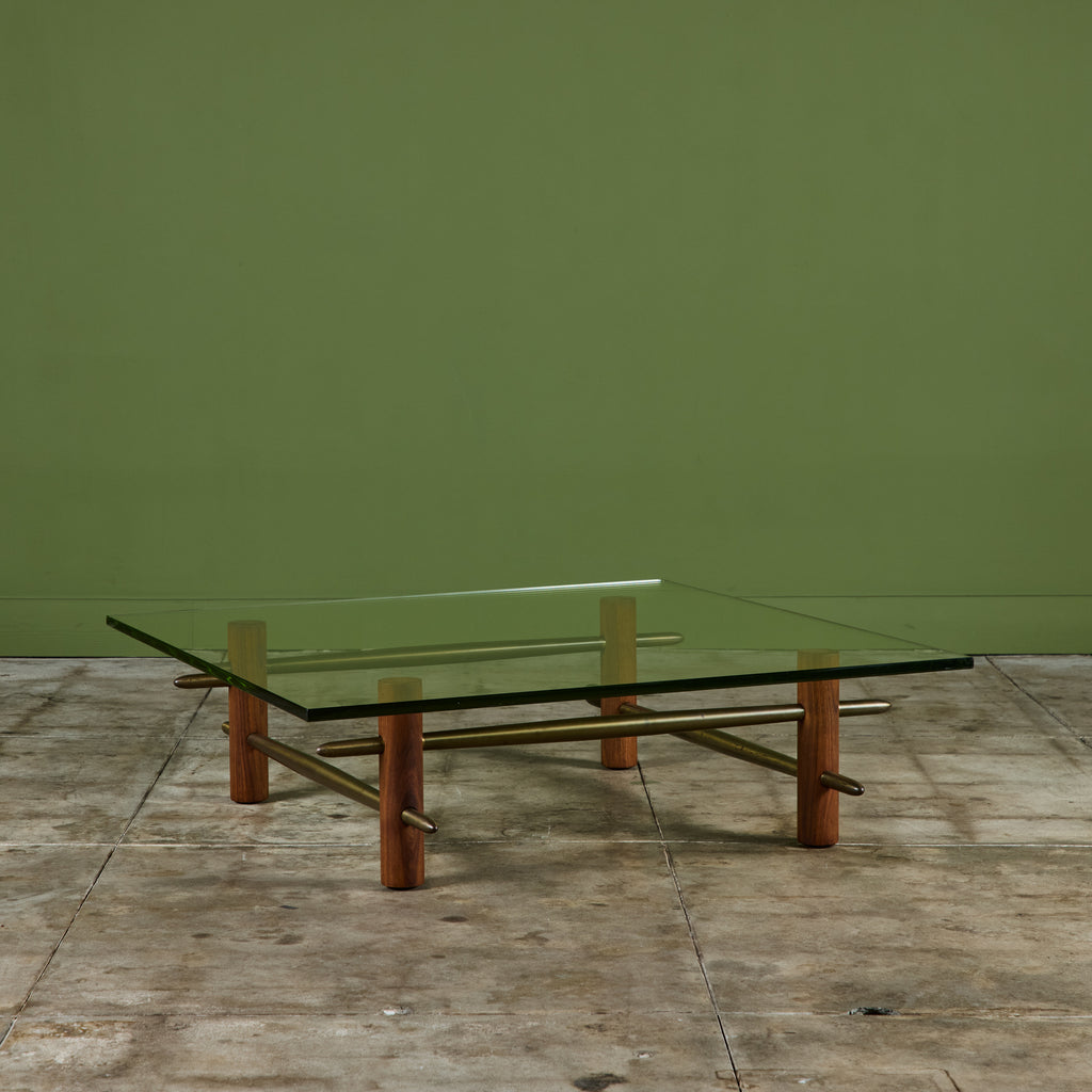 T.H. Robsjohn Gibbings Brass and Walnut Coffee Table with Glass Top fo ...